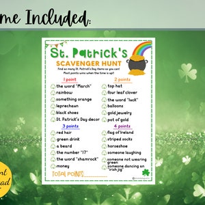 St. Patrick's Day SCAVENGER HUNT St. Patrick's Day Party Game Printable ...