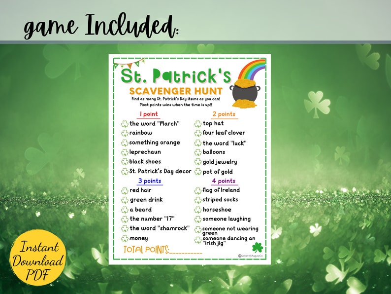 St. Patrick's Day SCAVENGER HUNT St. Patrick's Day Party Game Printable ...
