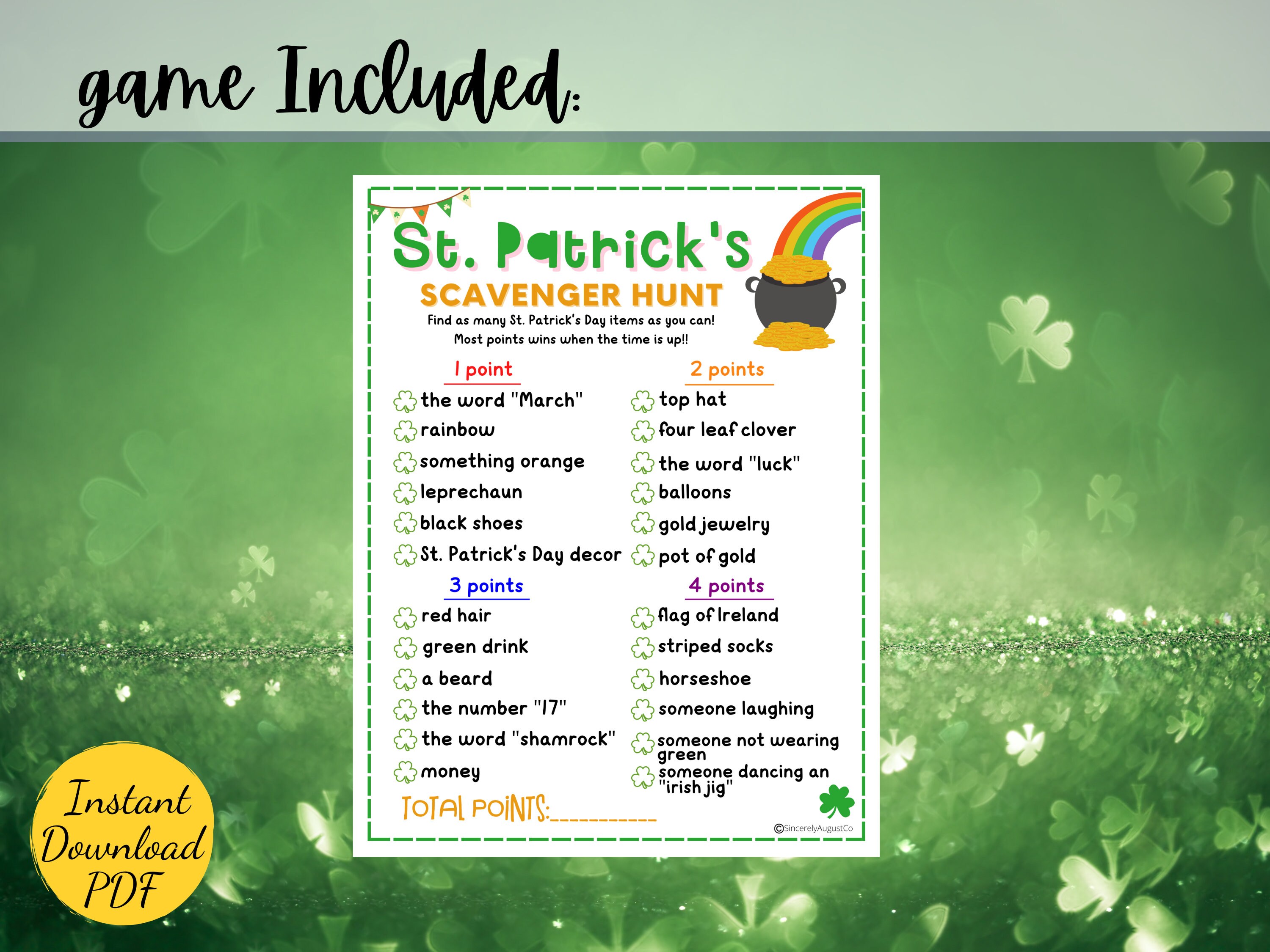 St. Patrick's Day SCAVENGER HUNT St. Patrick's Day Party Game Printable ...
