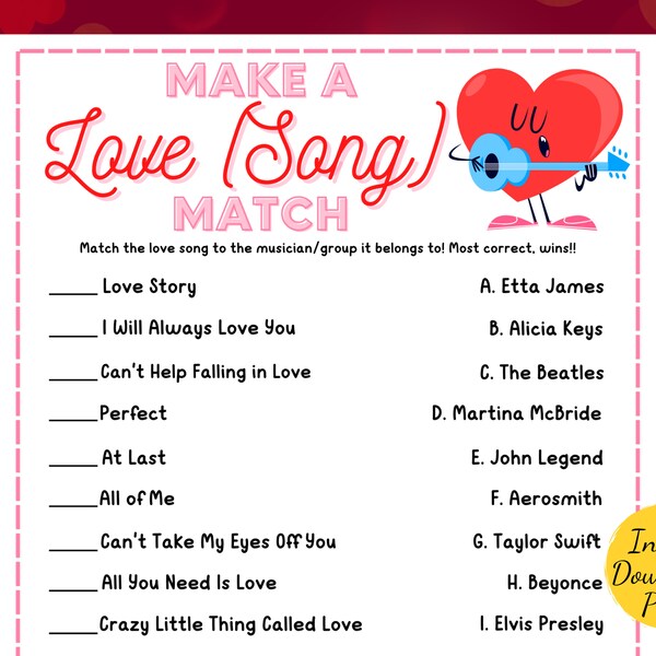 Love Song Match Game - Etsy