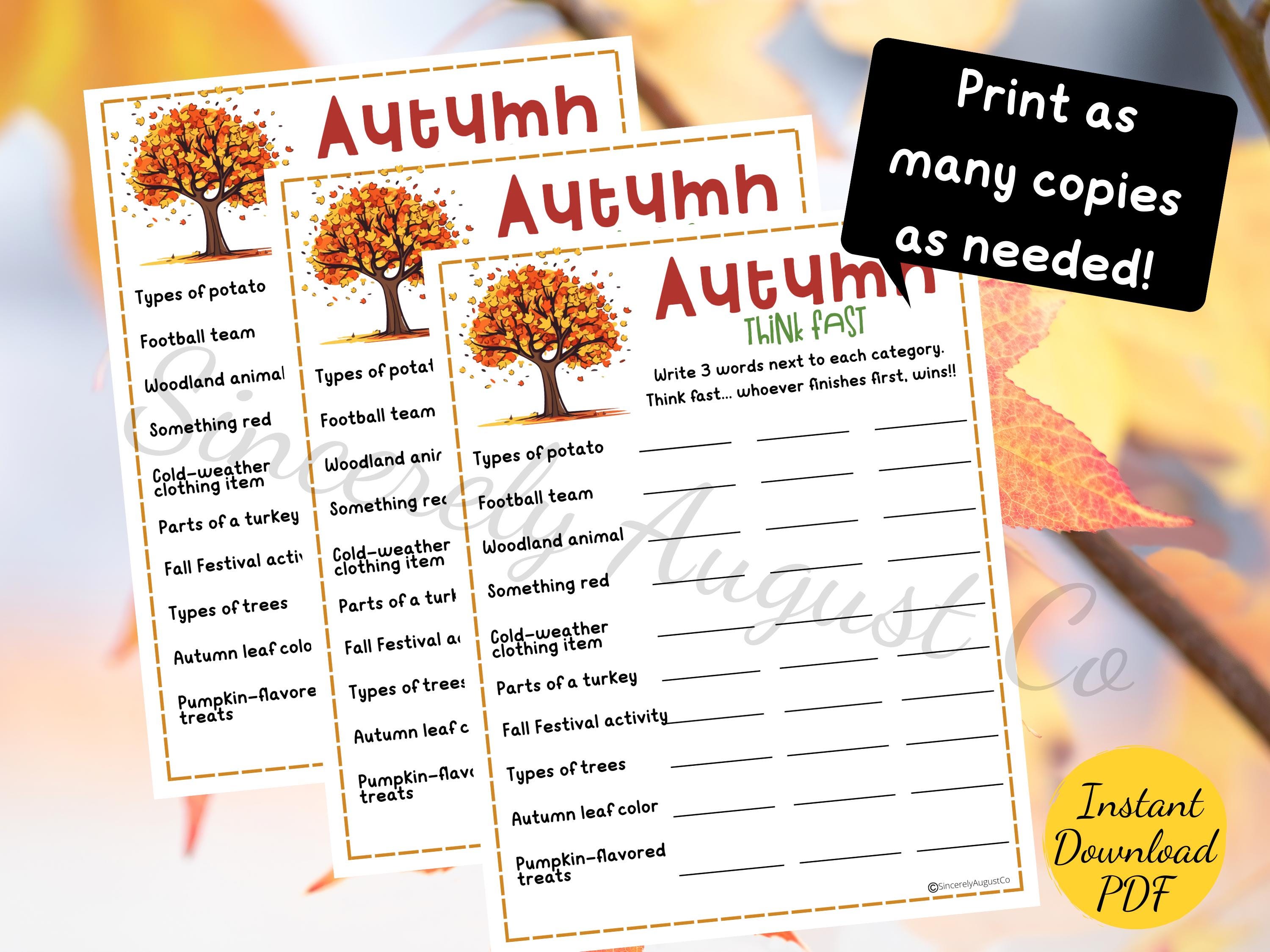 Fall THINK FAST Game: Printable Autumn Party (PDF Download) - Etsy