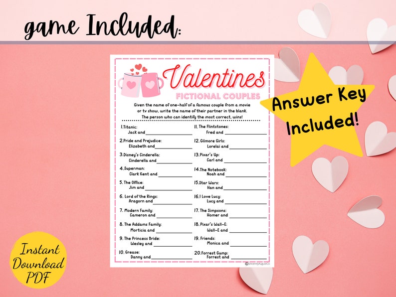 Valentines Day FICTIONAL COUPLES Game Valentines Day Party - Etsy
