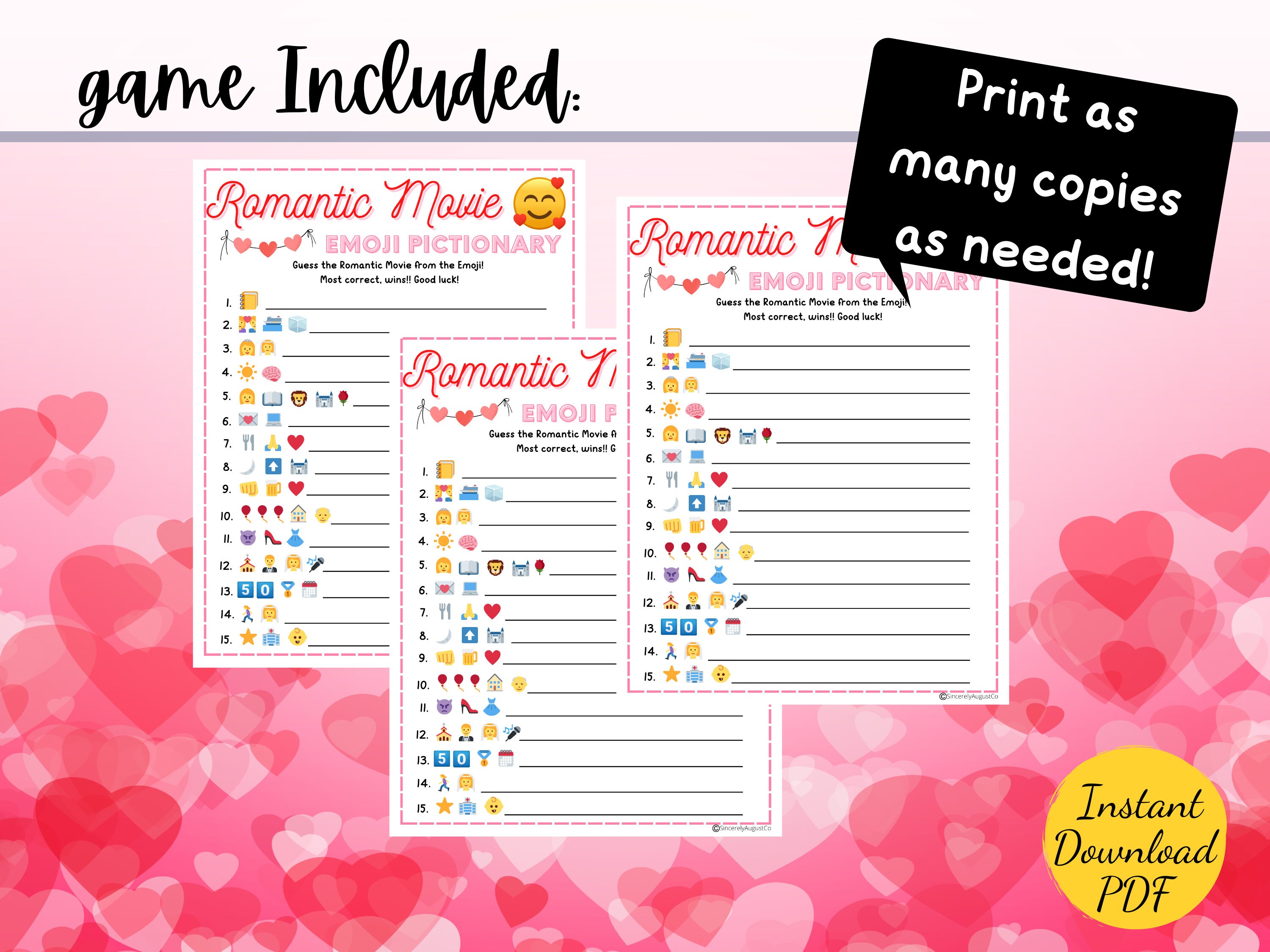 Romantic Movie EMOJI PICTIONARY Game Valentines Day Party Game ...