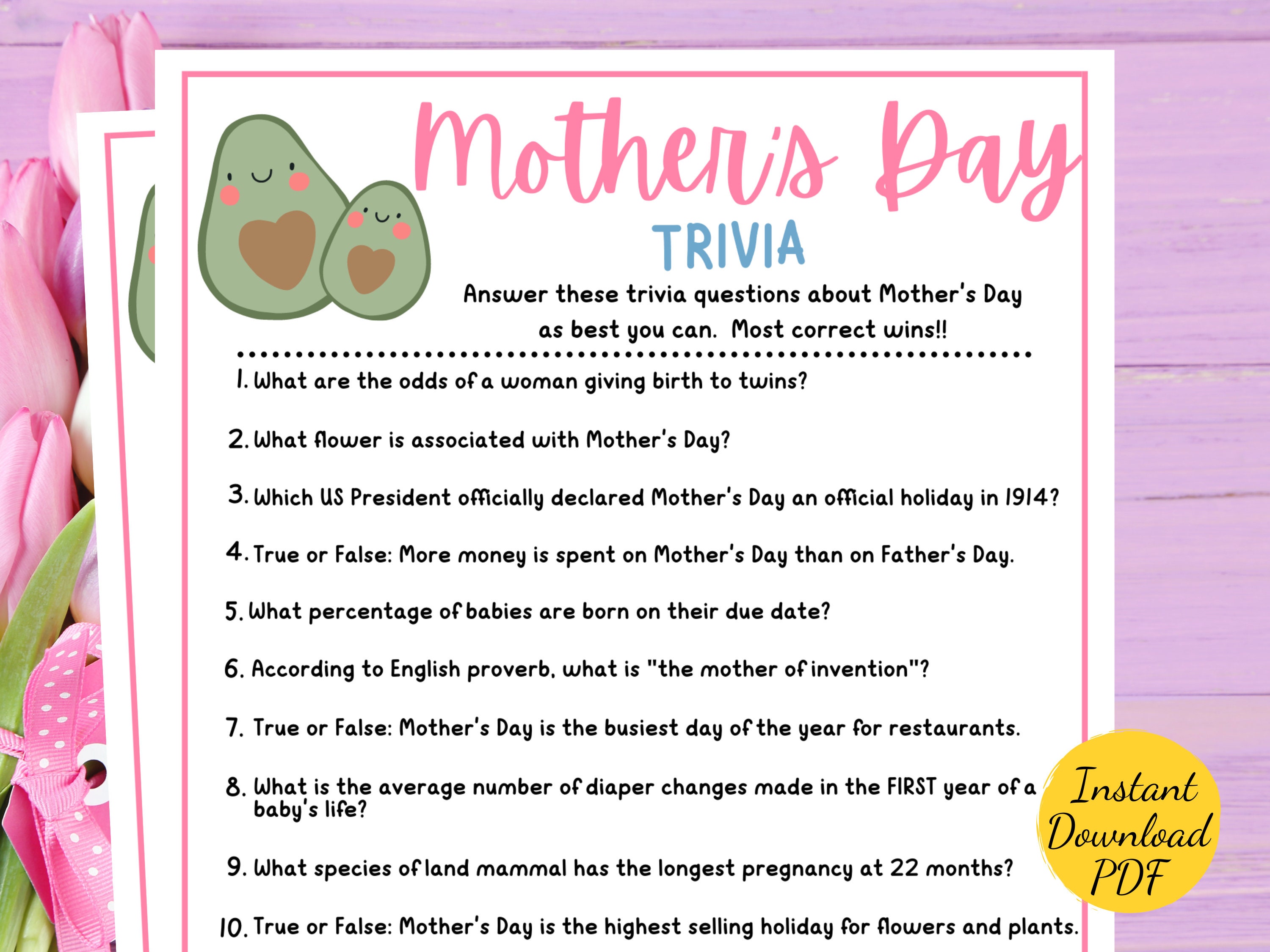 Mothers Day TRIVIA Game Mothers Day Party Game Printable - Etsy