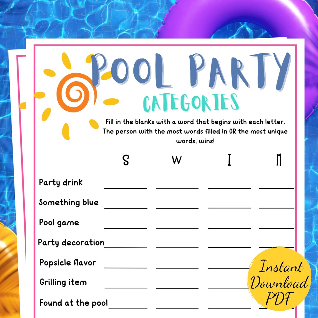 Pool Party CATEGORIES Game - Printable Pool Party Game - Pool Party ...