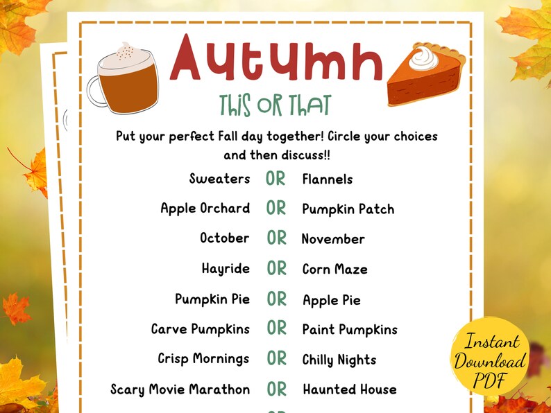Fall THIS OR THAT Game Fall Would You Rather Printable Autumn Party ...