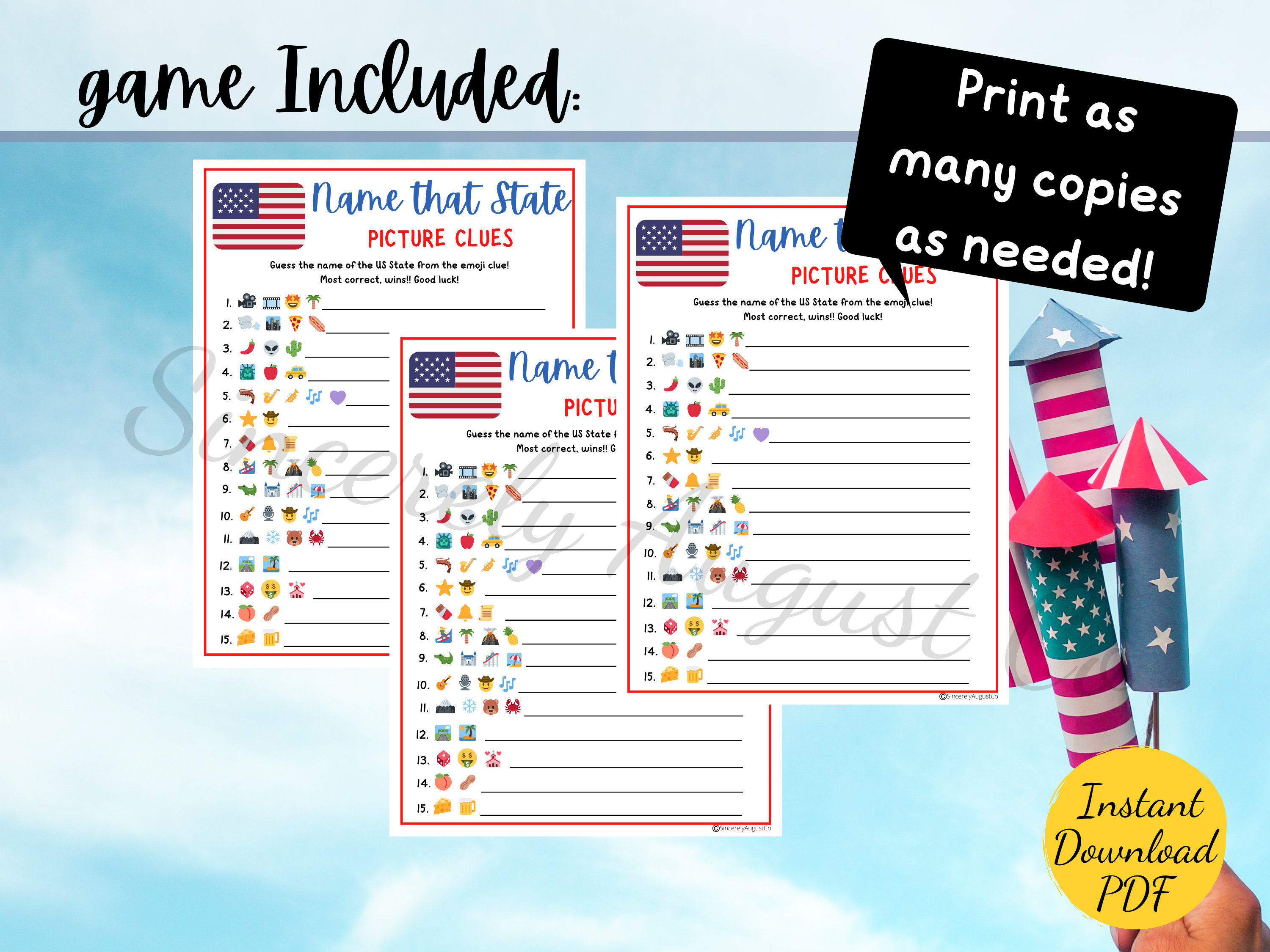 Fourth of July PICTURE CLUES Guessing Game Name That State July 4th ...