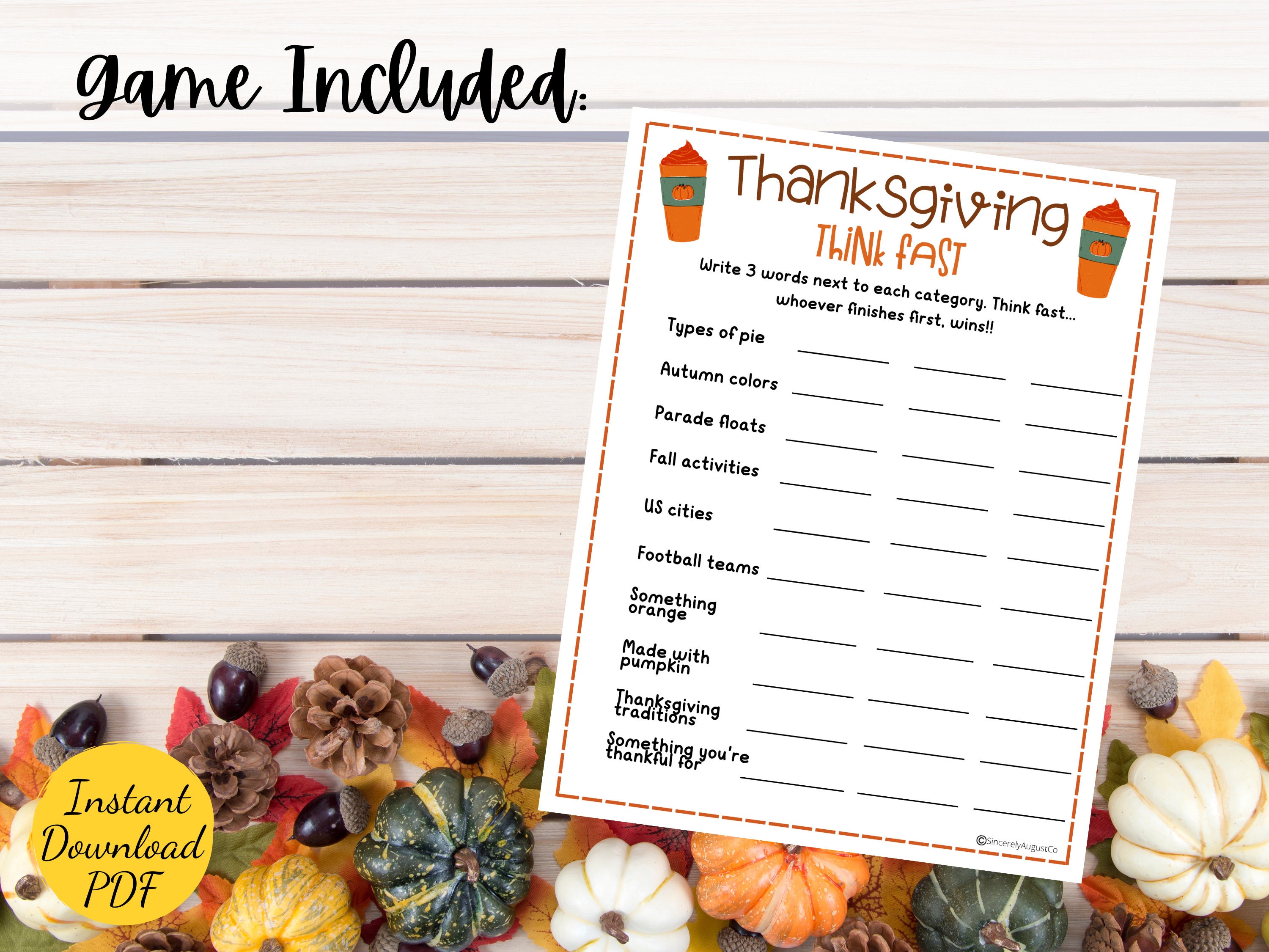 Thanksgiving THINK FAST Thanksgiving Party Game Printable Thanksgiving ...