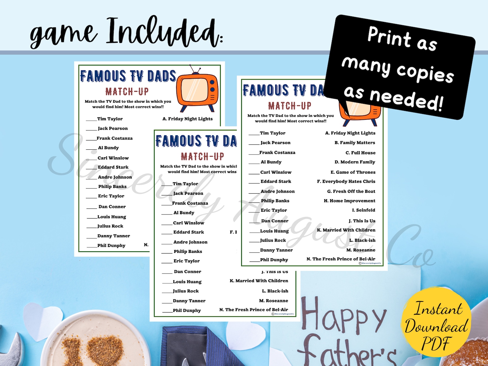 FAMOUS TV DADS Fathers Day Match - Fathers Day Party Game - Printable ...