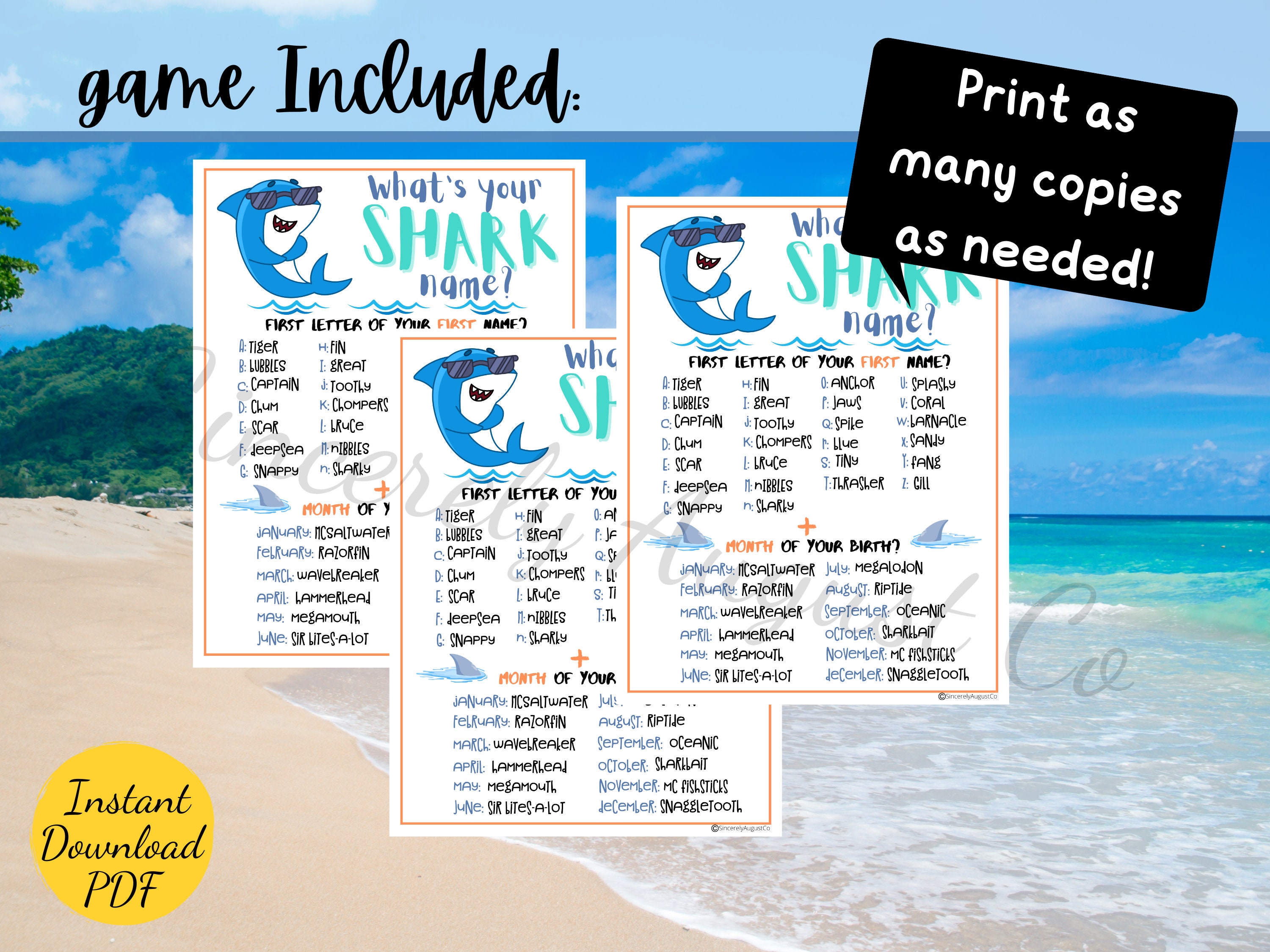 What's Your SHARK NAME Printable Summer and Beach Party Game Shark Name ...