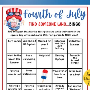 Fourth of July BINGO Game July 4th Find Someone Who Bingo - Etsy
