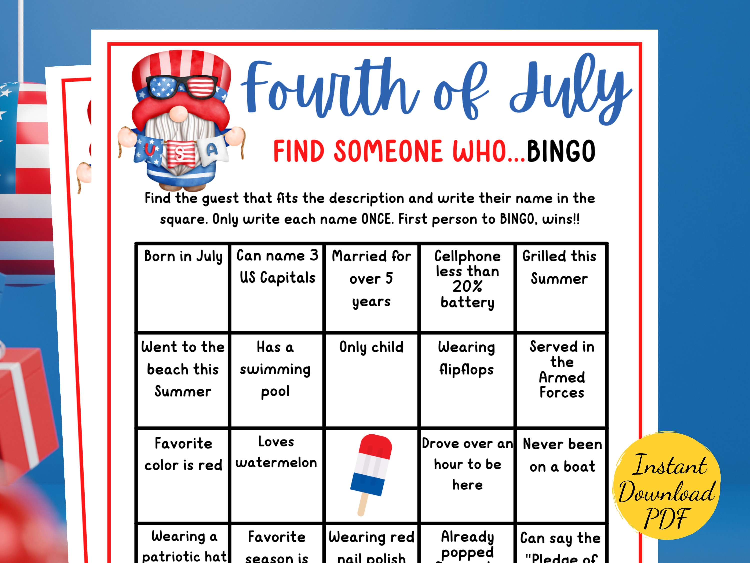 Fourth of July BINGO Game July 4th Find Someone Who Bingo - Etsy