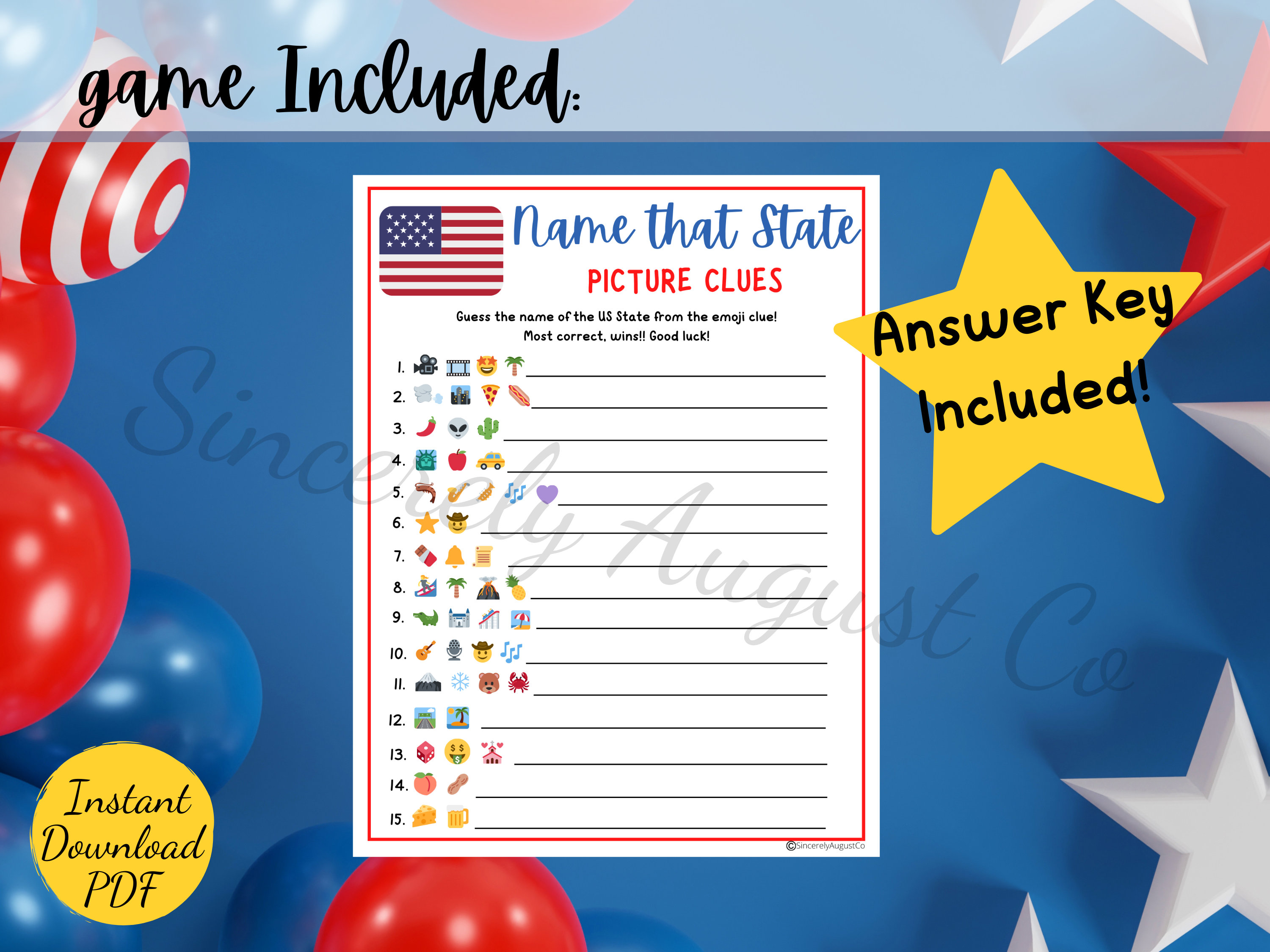 Fourth of July PICTURE CLUES Guessing Game - Name That State - July 4th ...