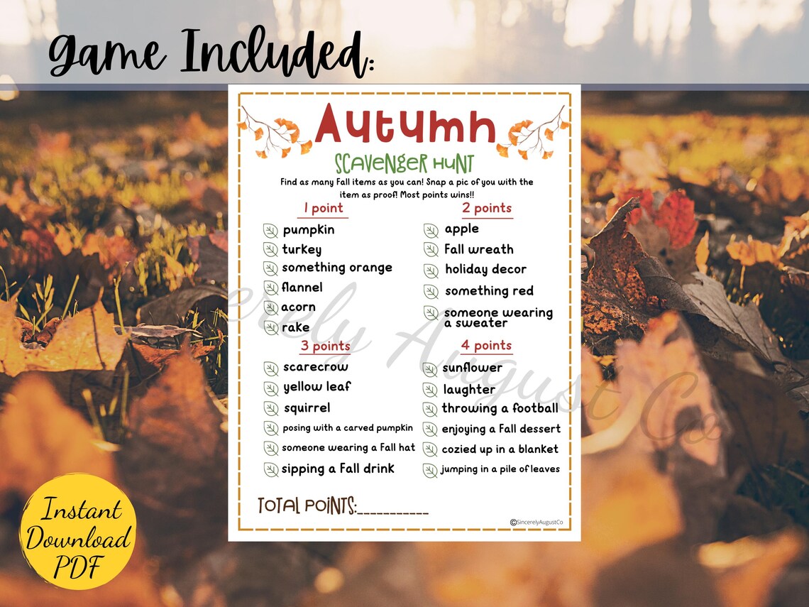 FALL SCAVENGER HUNT - Printable Autumn Party Game - Scavenger Hunt Game ...