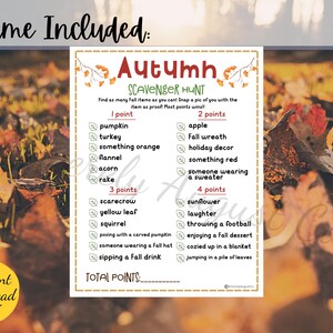 FALL SCAVENGER HUNT - Printable Autumn Party Game - Scavenger Hunt Game ...