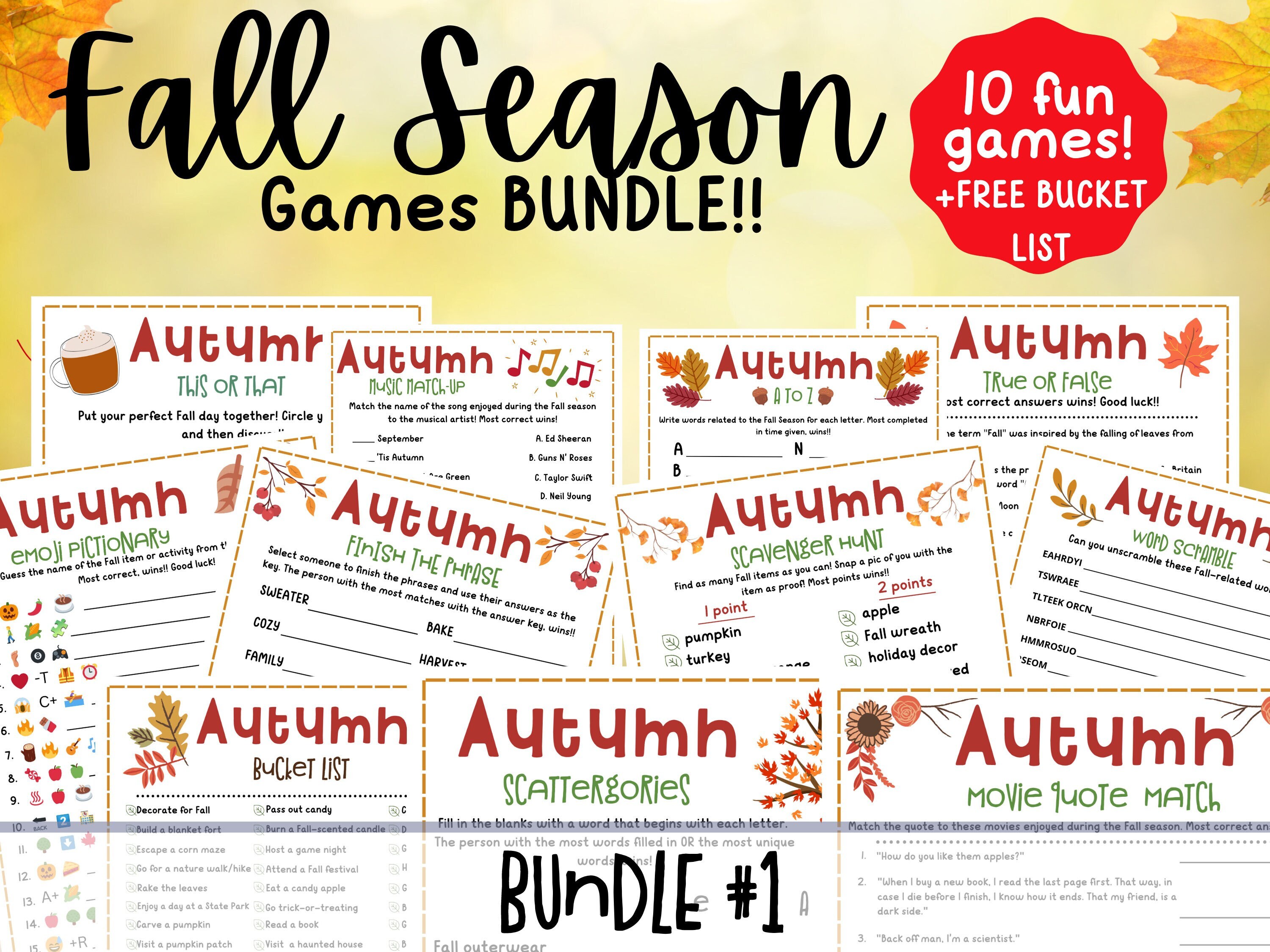 FALL Season GAMES BUNDLE Printable Autumn Games Fall Games - Etsy