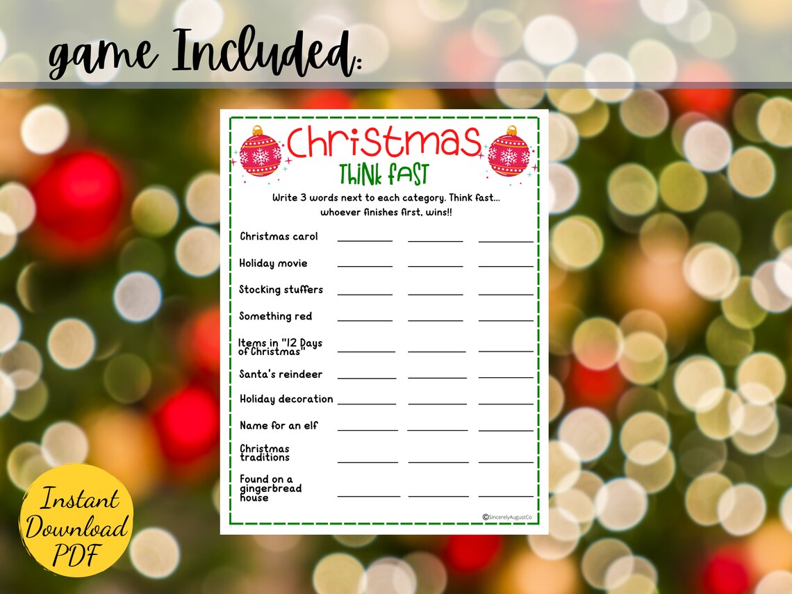 Think Fast Christmas Game Christmas Party Game Printable Christmas ...