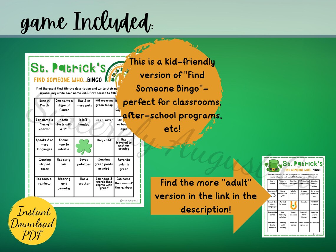 St. Patricks Day FIND SOMEONE BINGO Game - St. Patricks Find the Guest ...