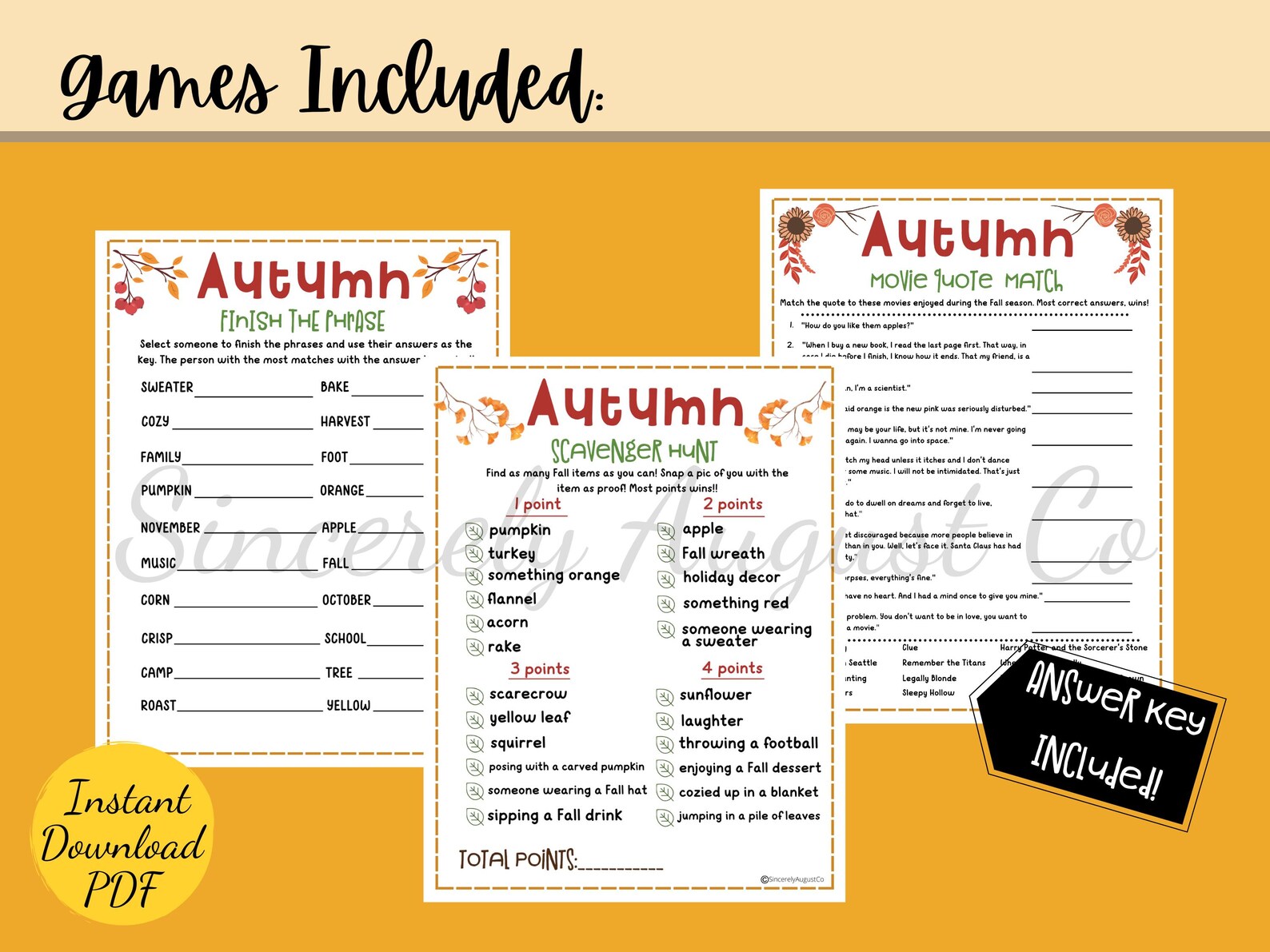 FALL Season GAMES BUNDLE Printable Autumn Games Fall Games for Families ...