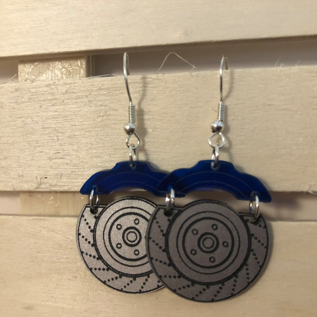 Laser Cut Acrylic Dark Blue Brake Rotor Caliper Earrings, Bold Metallic ...