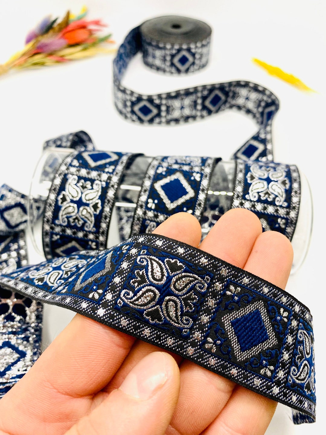10yards/30mm Navy Blue Geometric Jacquard Trim(1,18inch)jacquard Ribbon ...