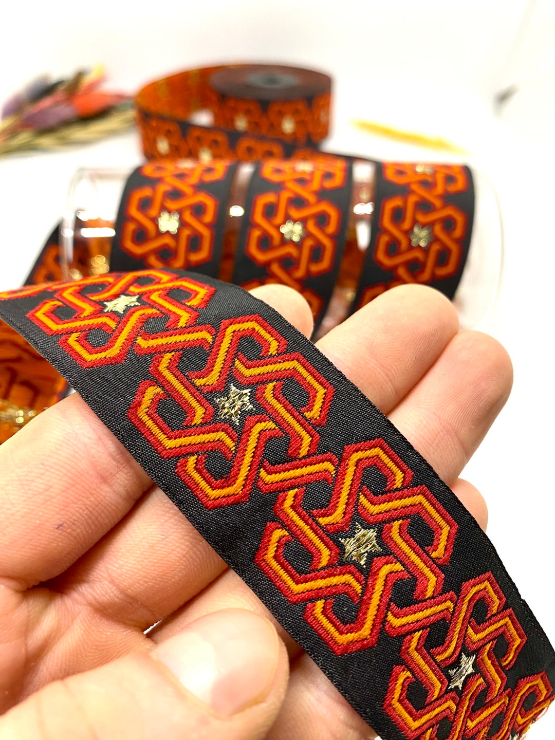 Stars Celtic Jacquard Ribbon: Claret Red & Orange Costume Trim (10 ...