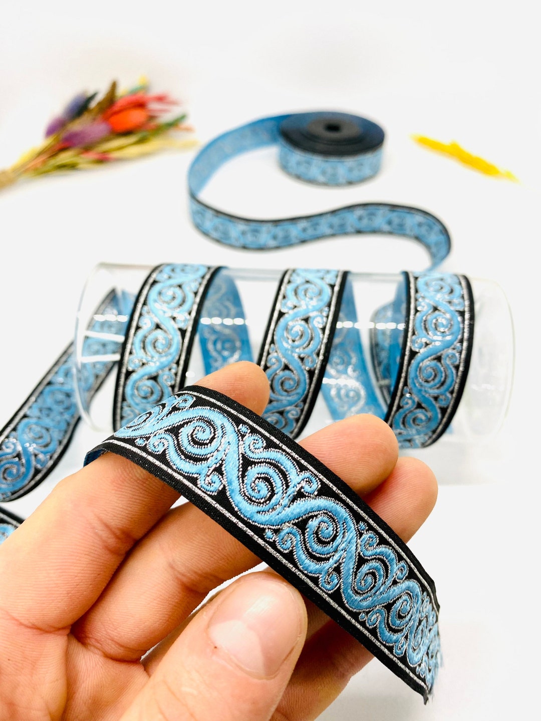 10 Yrds/22 Mm BLUE Scroll Jacquard Ribbon(0.86 Inch)renaissance Trim ...