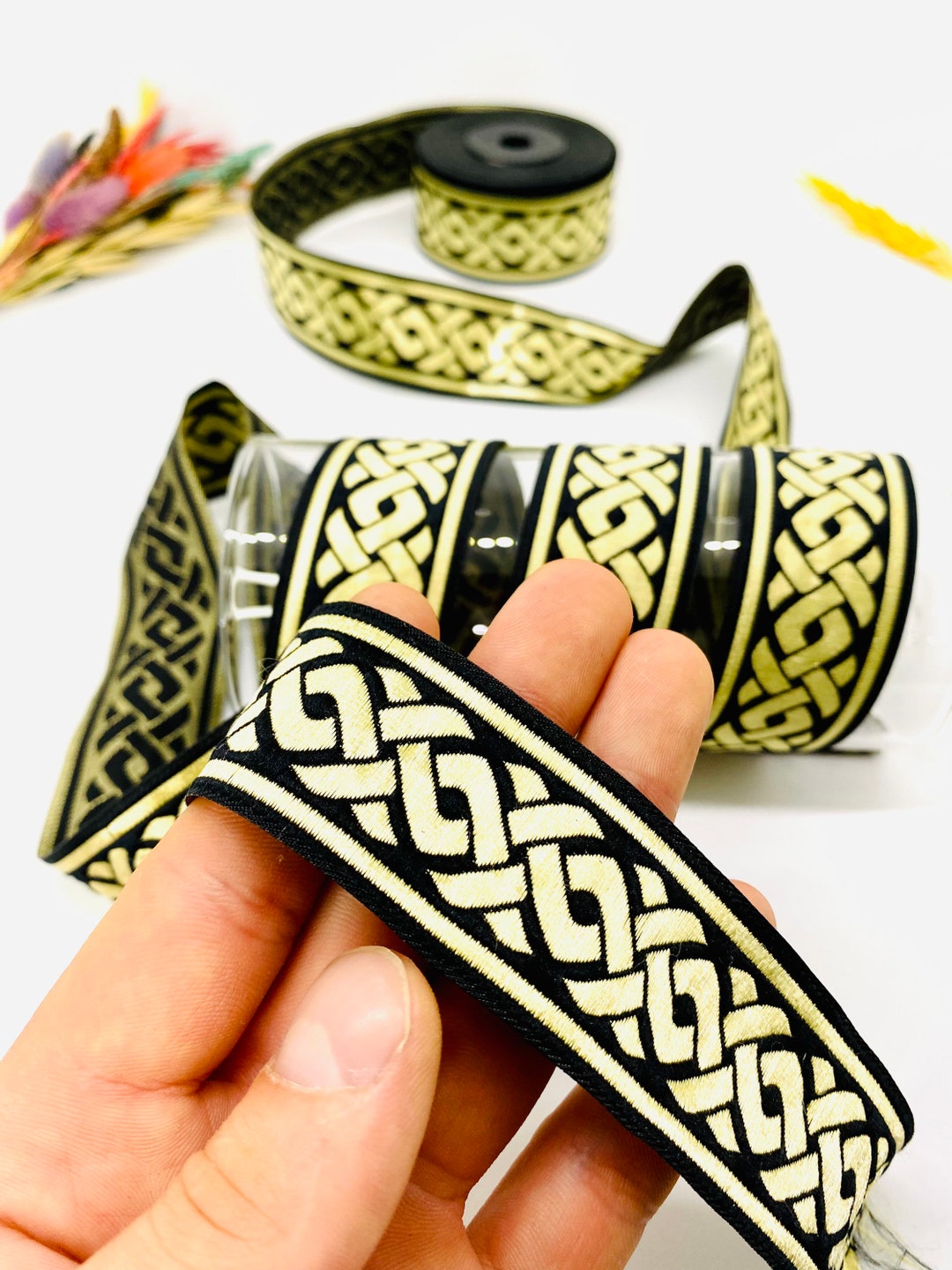 30 Mm Black/gold Celtic Jacquard Trim(1,18inch)vintage Ribbon,jacquard ...