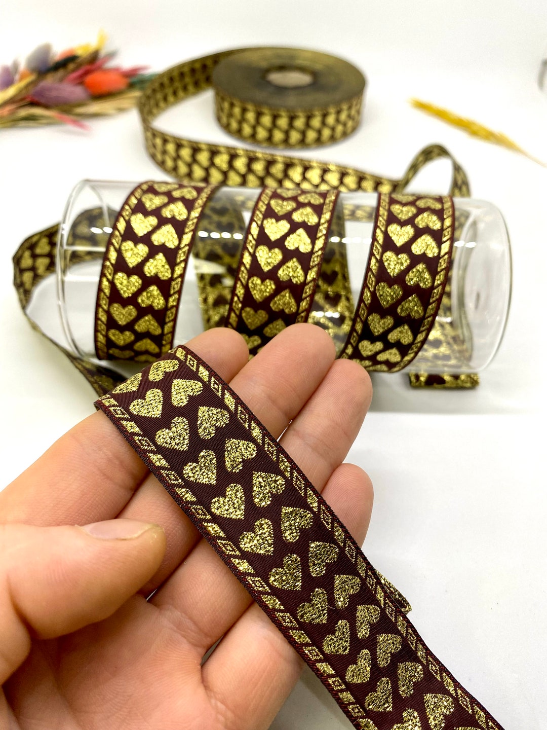 10 Yards/22 Mm Claret Red&gold Heart Jacquard Ribbon0.86 Inchvintage ...