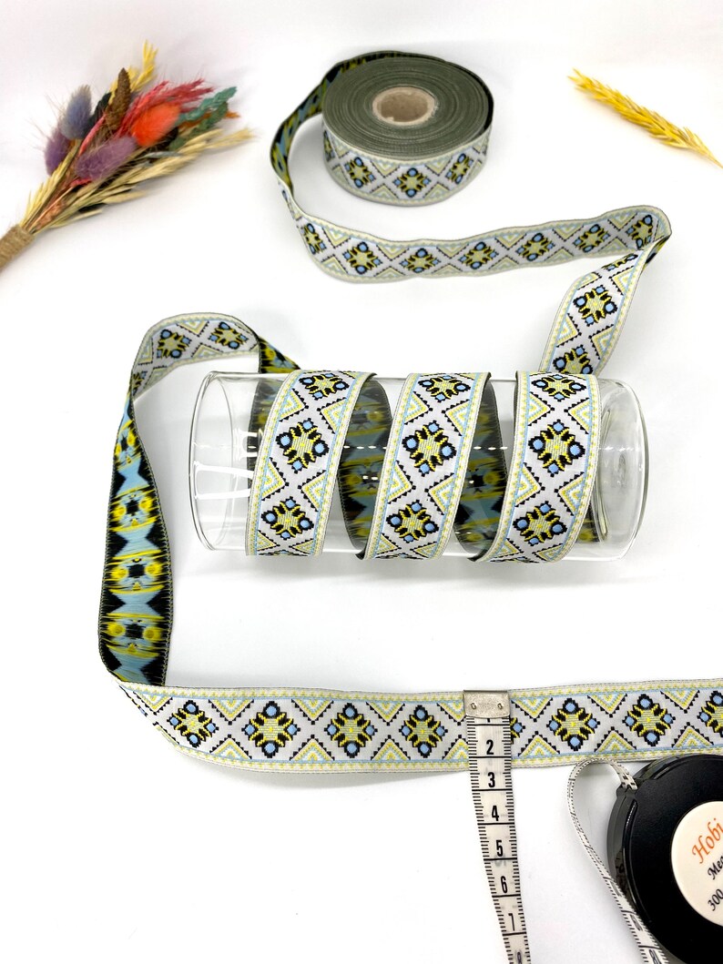 Geometric Jacquard Ribbon: Blue & Yellow Vintage Trim, 10 Yards - Etsy