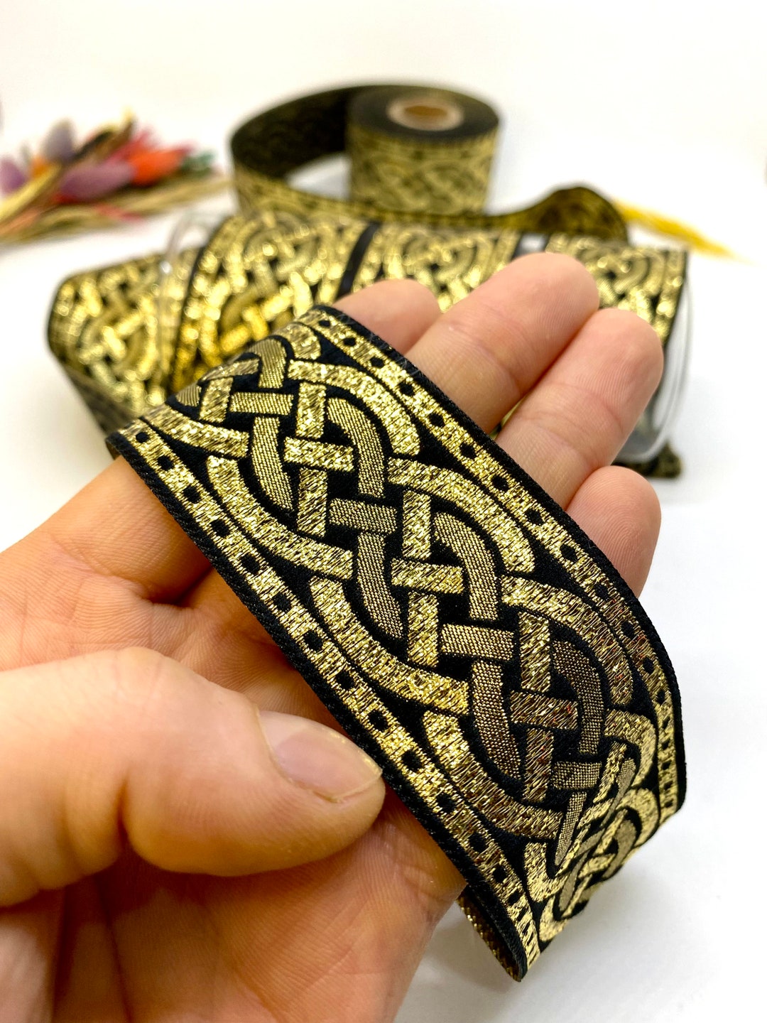 Gold Celtic Jacquard Ribbon: 38mm Costume Trim, 10 Yards - Etsy