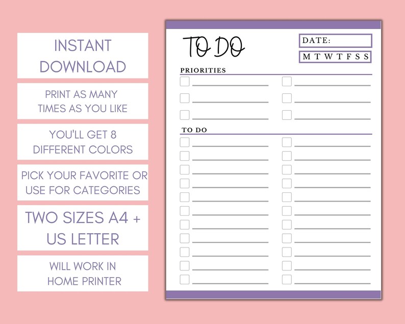 Printable to Do List Daily, Weekly To-do Pdf Planner Checklist A4 and ...