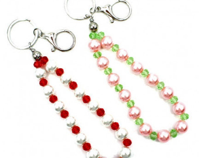 Key Chain, Pink and Green or Red and White Glass Beads Keychain ...