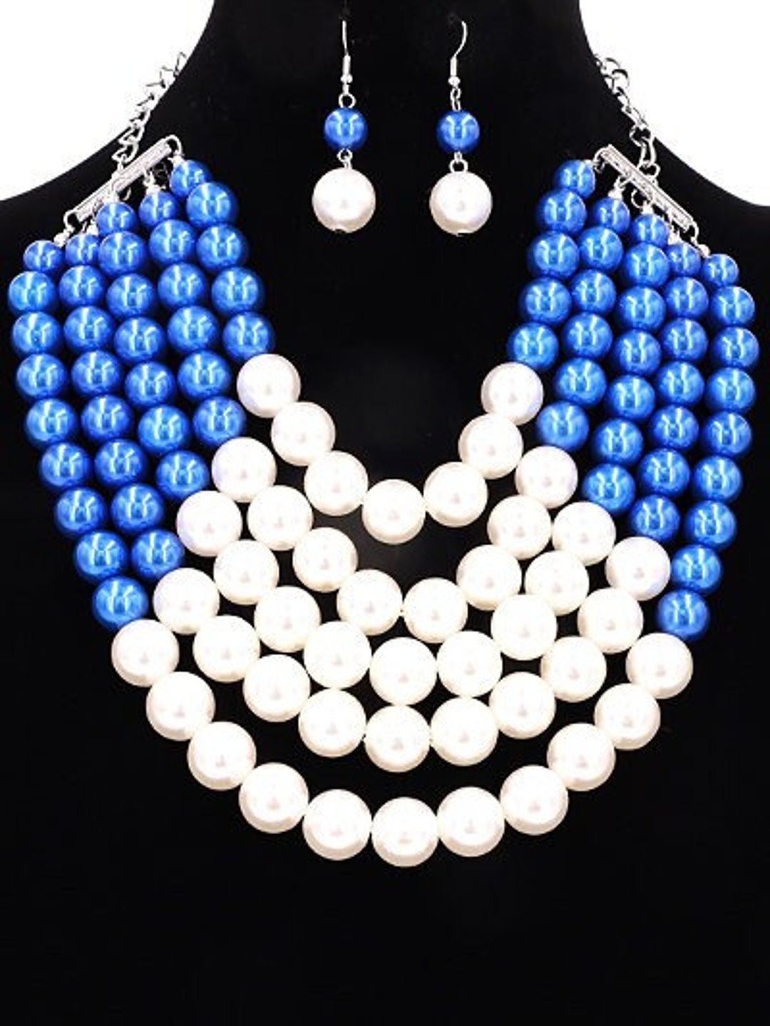 Blue and White Pearl Necklace, Blue and White Plastic Pearl Stretch ...