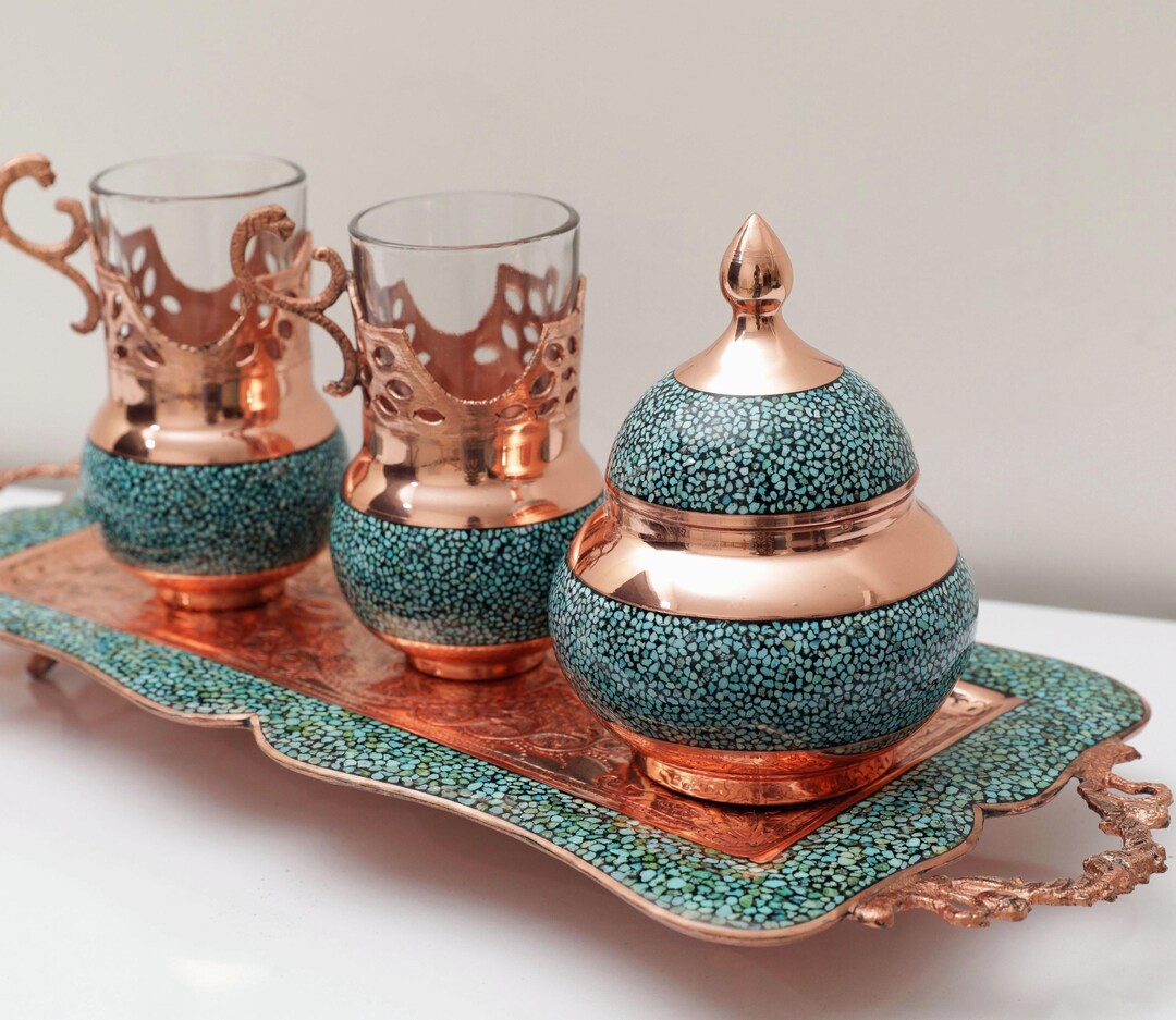 Firoozeh Koobi Tea Set: Copper & Turquoise Persian Handicraft - Etsy