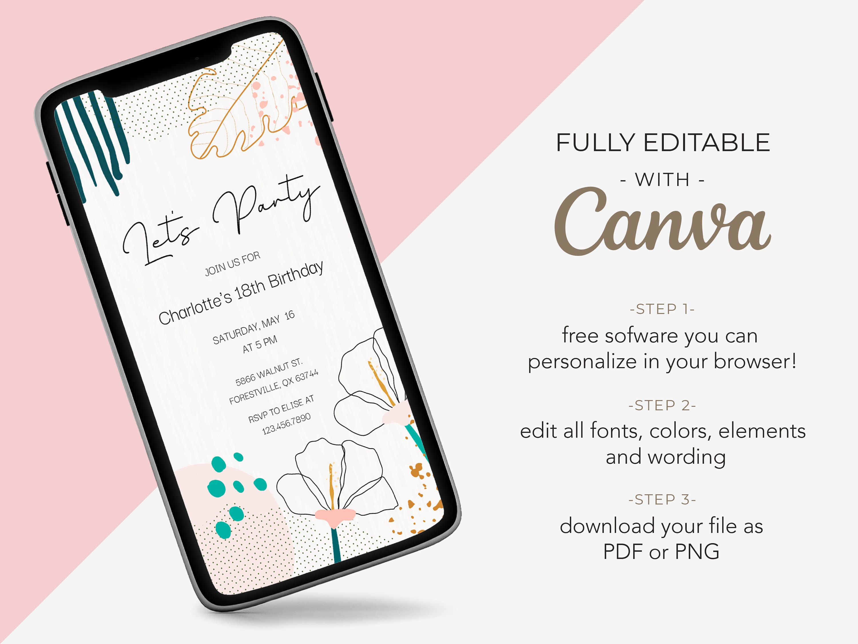 Digital Floral Birthday Party Invitation, Editable Electronic Digital ...