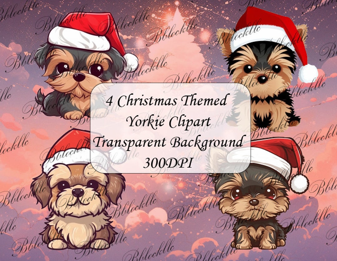Adorable Christmas Yorkie Clip Art Set Santa Hat Dog Toons 4 High-res ...
