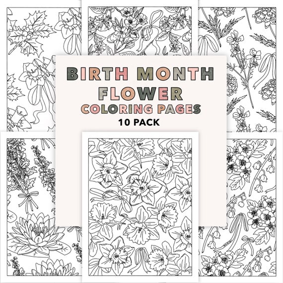 Birth Month Flower Coloring Pages Pack of 10 Floral Digital | Etsy