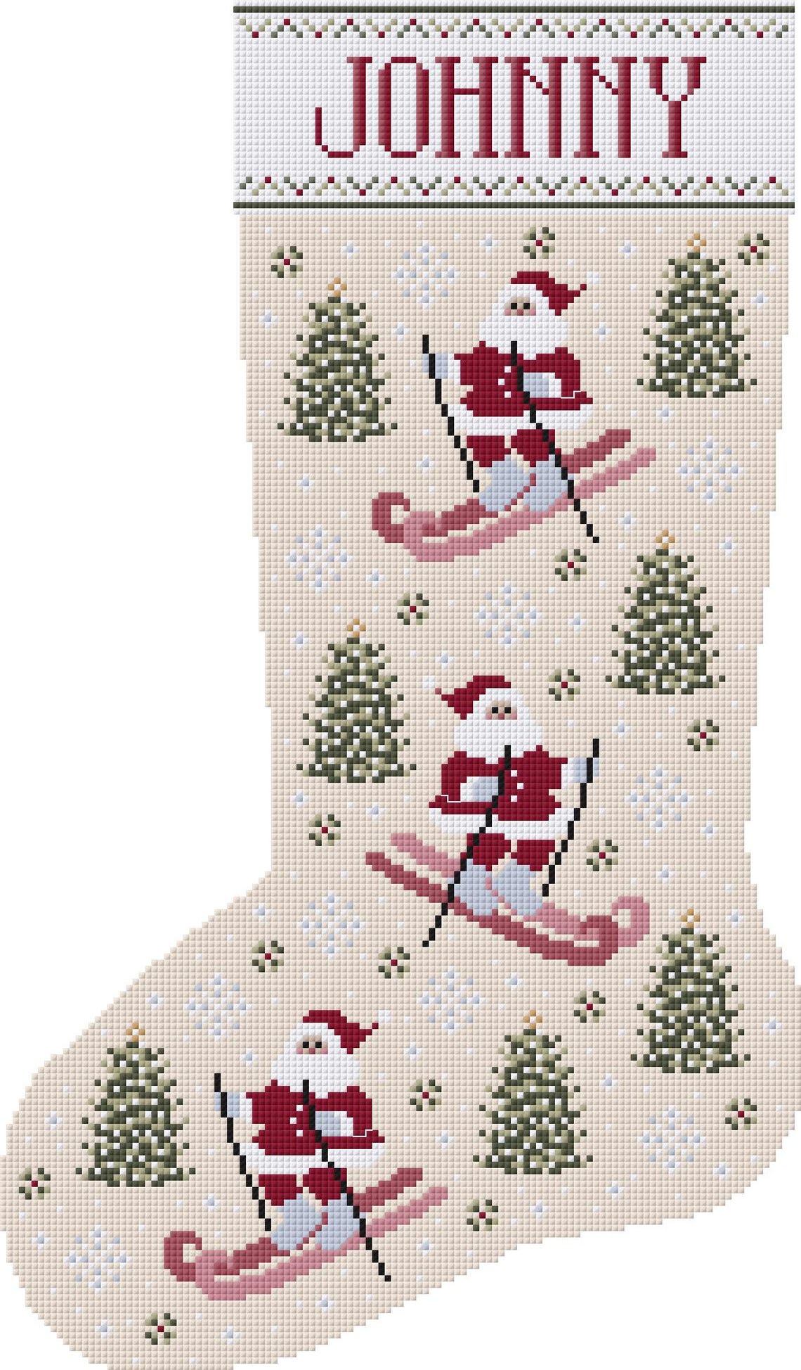Skiing Santa Claus Christmas Stocking Cross Stitch Pattern | Heirloom ...