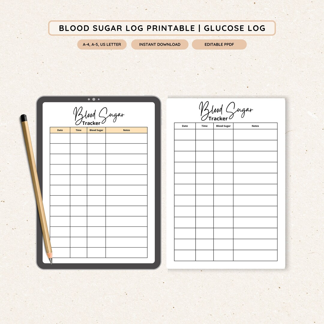 Printable Blood Sugar Log Book, Diabetes Planner, Glucose Tracker ...
