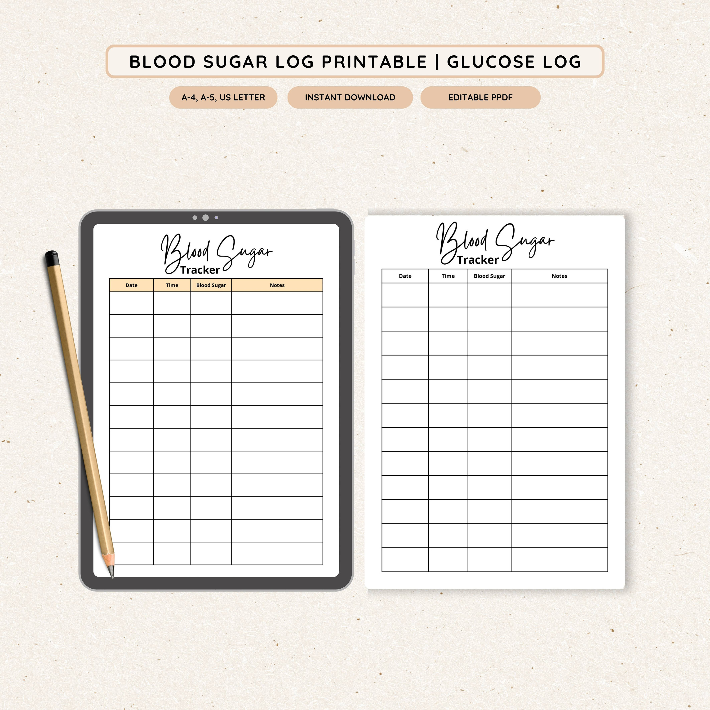 Printable Blood Sugar Log Book, Diabetes Planner, Glucose Tracker ...