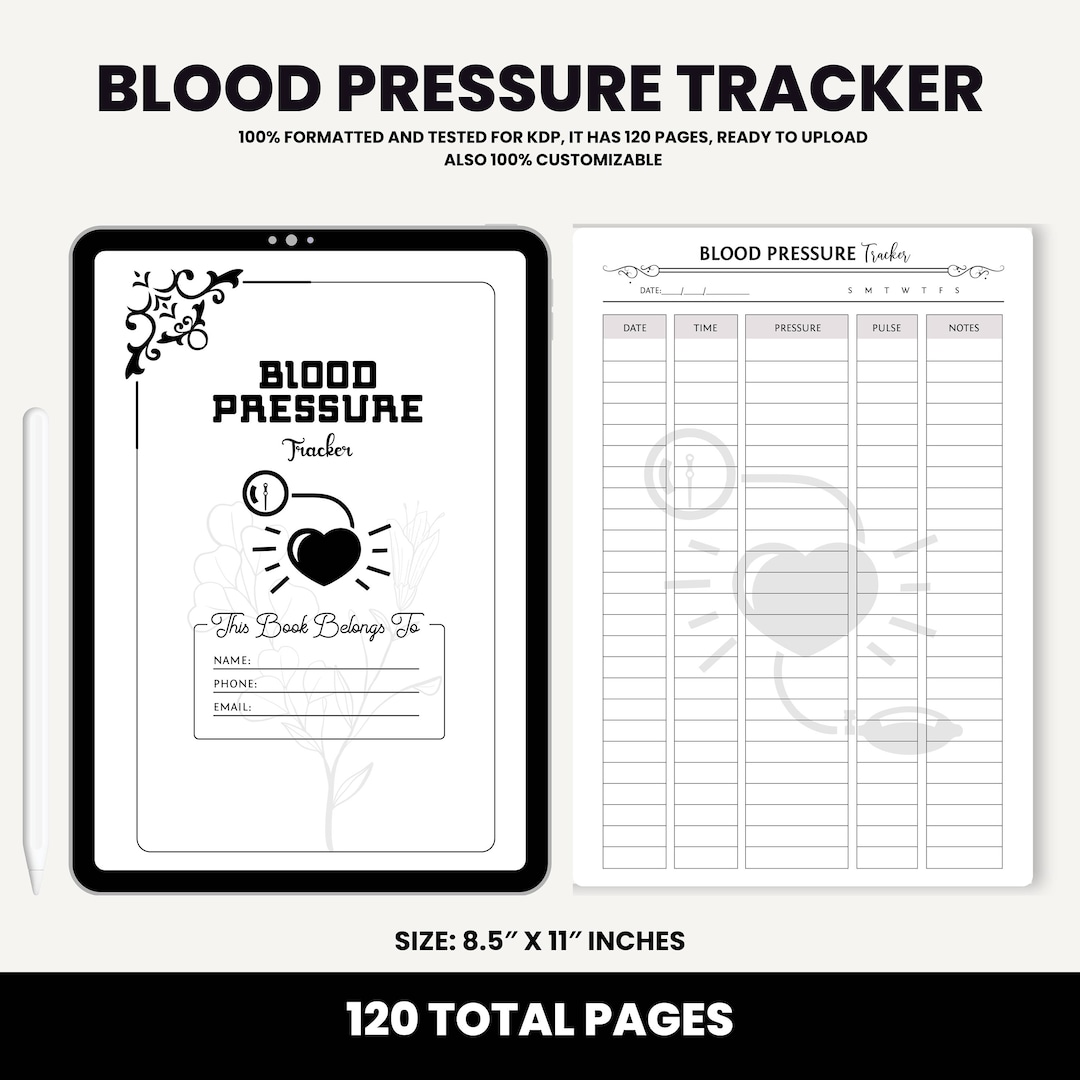 Printable Blood Pressure Log Book, Medical Journal, Heart Rate Log Book ...