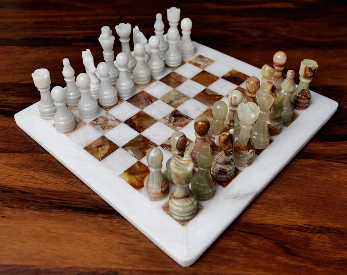 Handmade Classic Complete Marble Chess Set, White/multi-green Marble ...