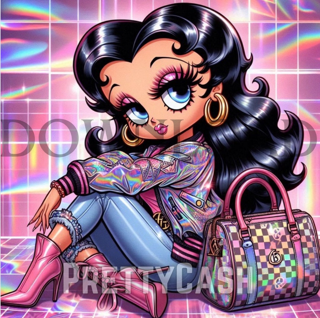 Betty Boop in Holographic Jacket Ripped Jeans, Pink High Heel Boots ...