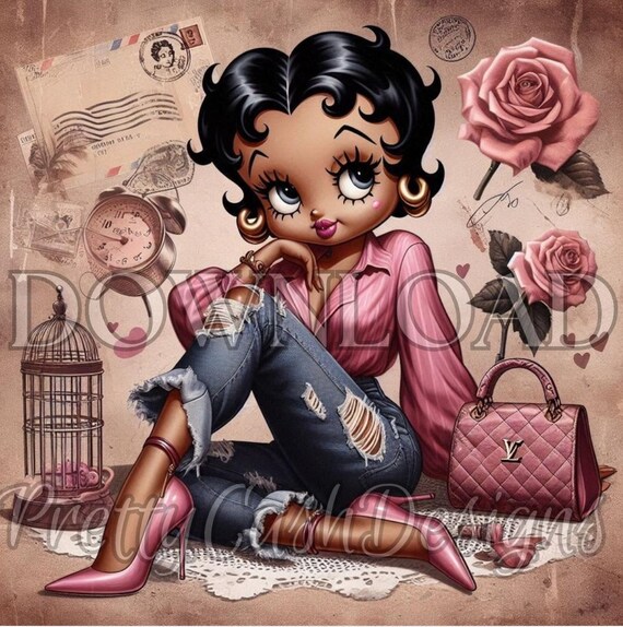 Vintage Shabby Chic Black Betty Boop PNG Bundle of 5 Images Postcard Pastel Clock Bird Pink Rose Digital Paper Digital Download Etsy
