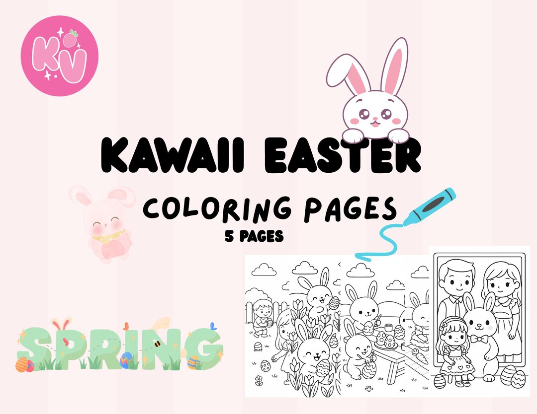 Kawaii Easter Coloring Pages for Kids – Cute Bunny Picnic, Egg Hunt ...