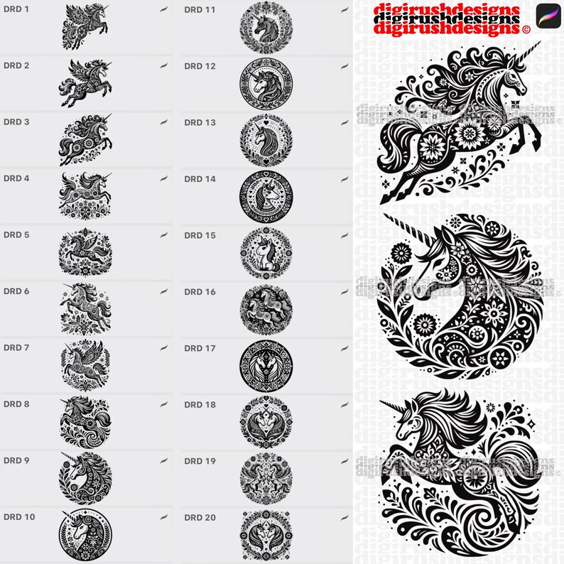 Unicorn Procreate Stamps, Folk Art Unicorns Silhouette, Digital ...