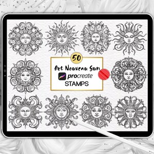 50 Art Nouveau Sun Procreate Stamps: Vintage, Art Deco, Celestial ...