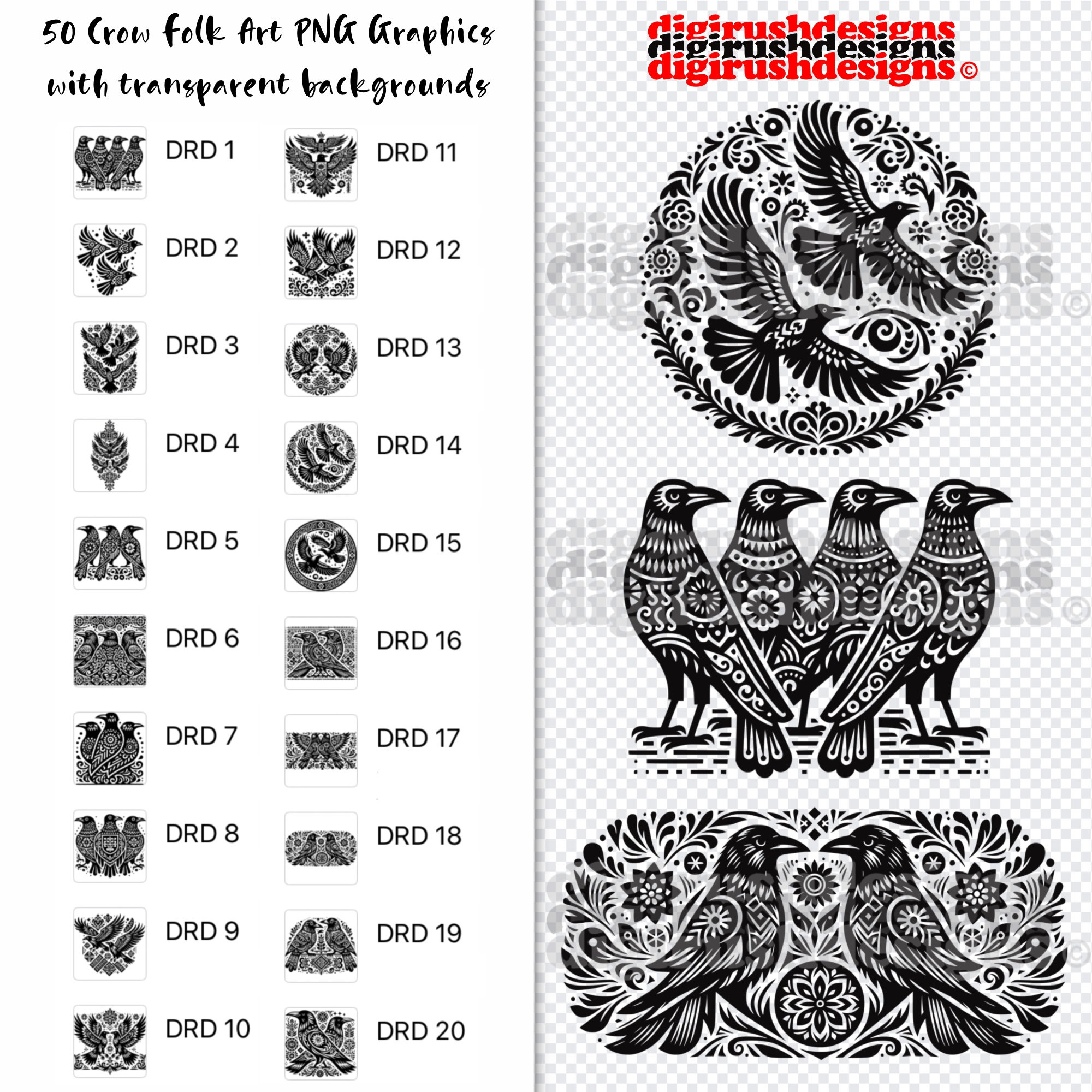 50 Crow Clipart: Nordic Folk Art Ravens (PNG Digital Download) - Etsy