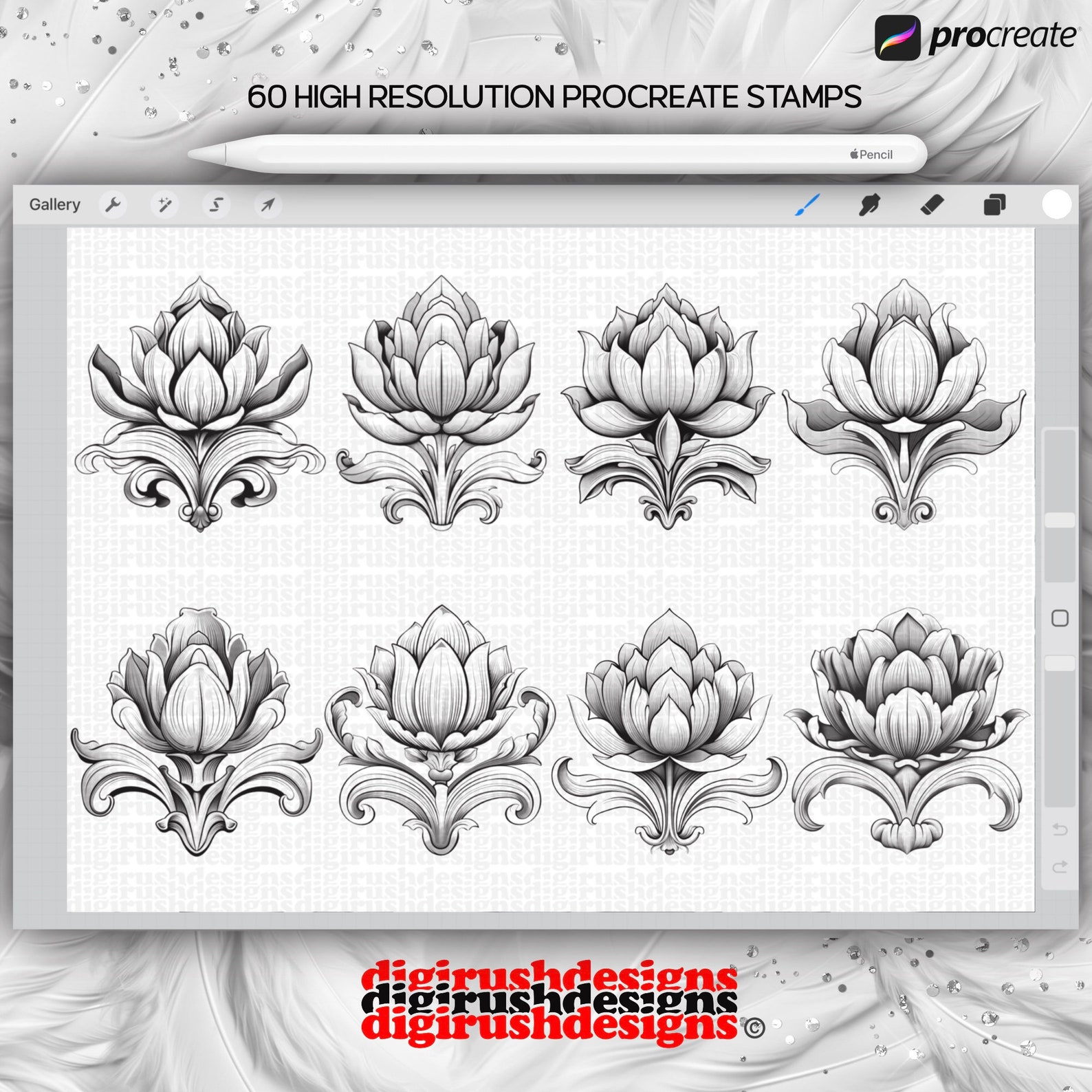 Procreate Baroque Flower Stamps, Lotus Flower Brush, Renaissance ...